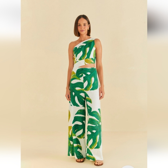 FARM Rio | Pants & Jumpsuits | Farm Rio White Monstera One Shoulder ...